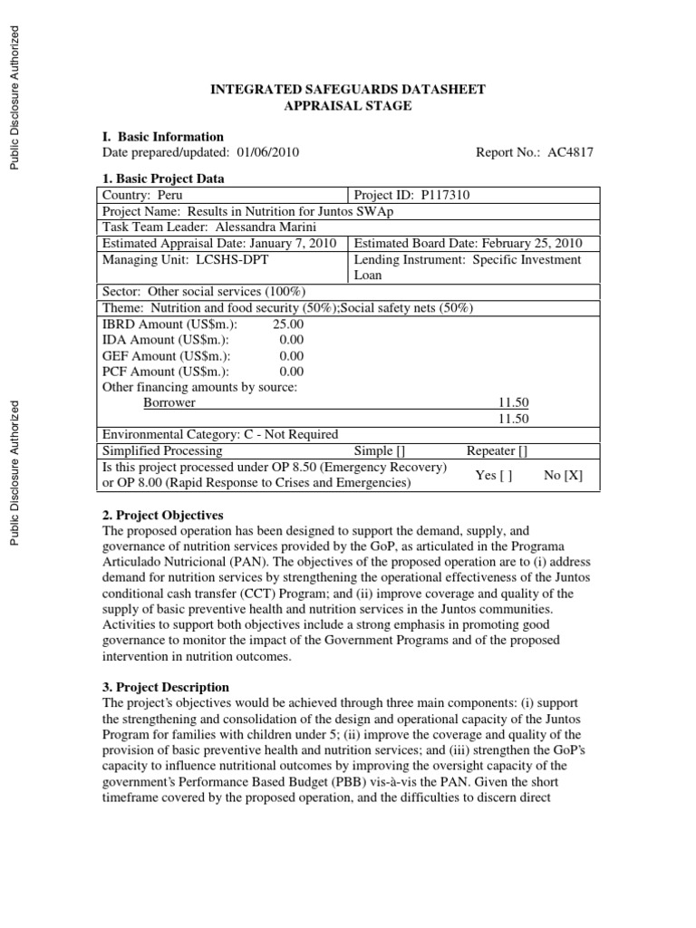 Integrated Safeguards Datasheet Appraisal Stage I. Basic Information ...