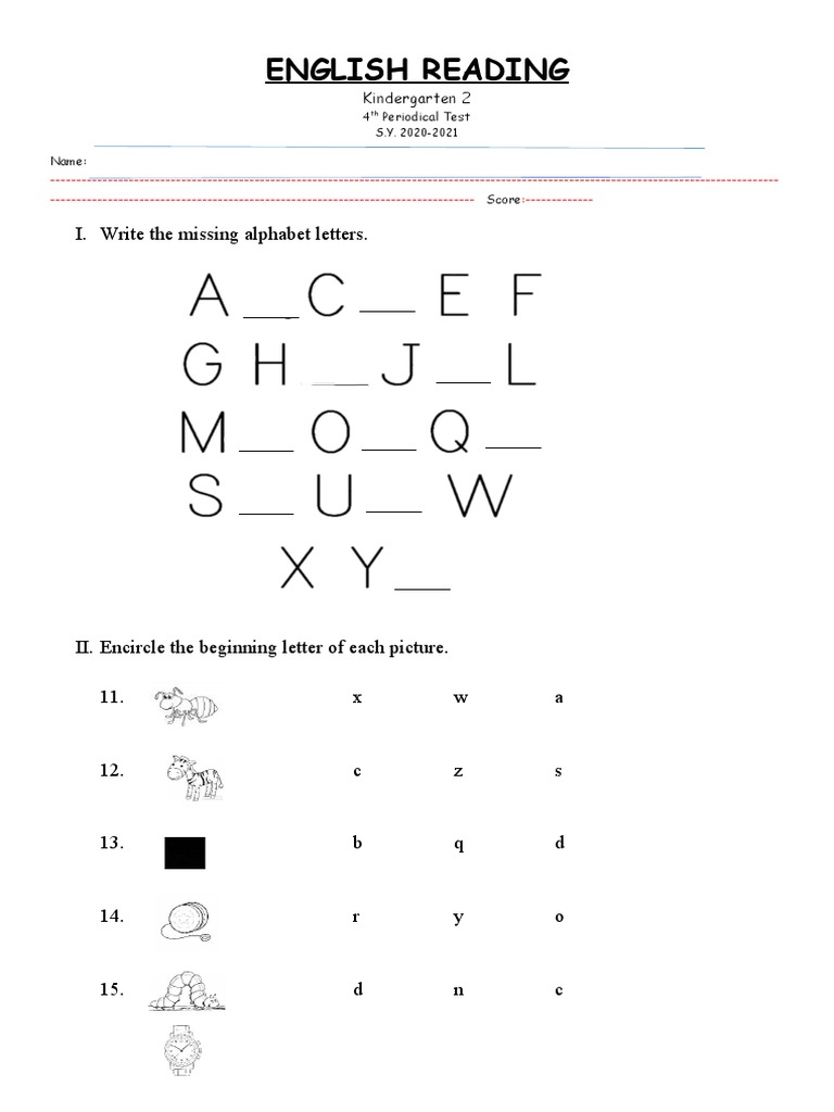English Reading: I. Write The Missing Alphabet Letters | PDF