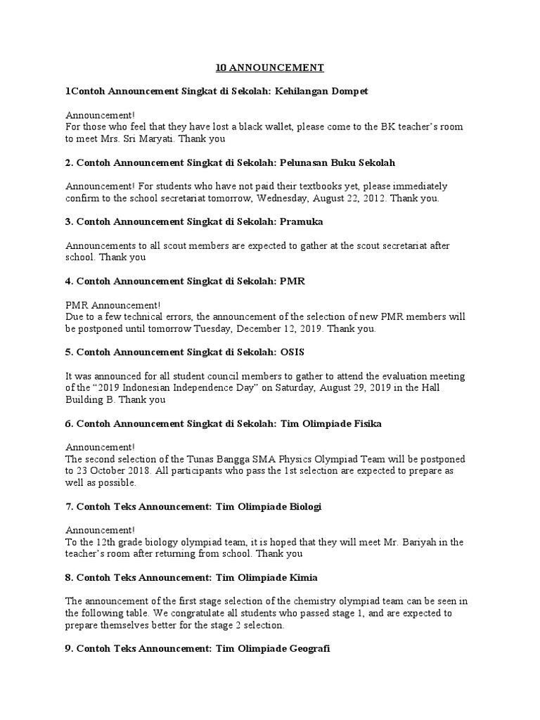 Contoh Announcement Singkat