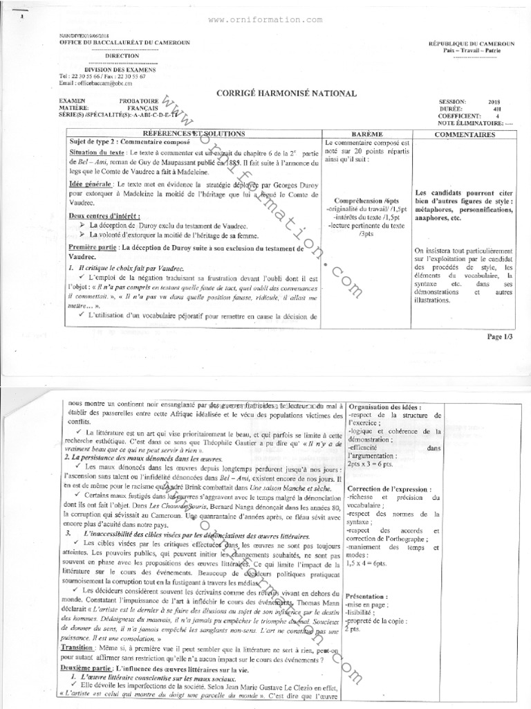 Orniformation Probatoire Epreuve Harmonisé Corrigé Commentaire Composé | PDF