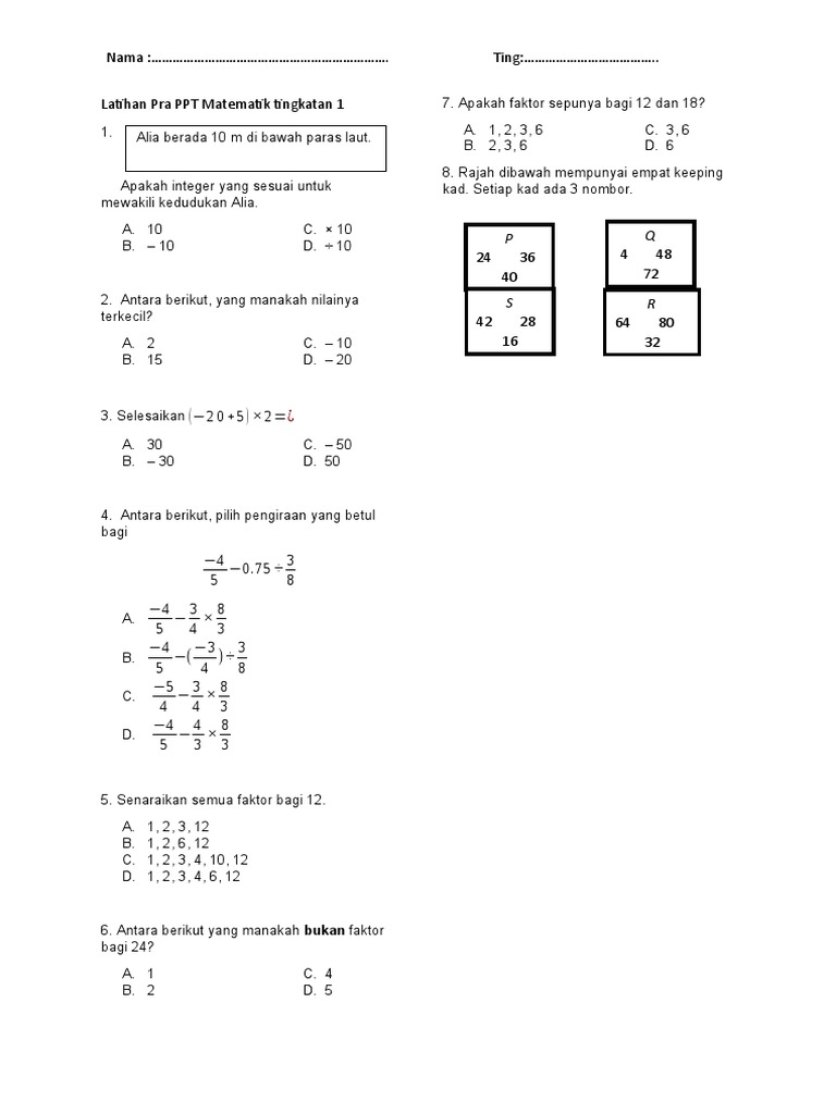 Latihan Pra PPT Matematik Tingkatan 1 | PDF
