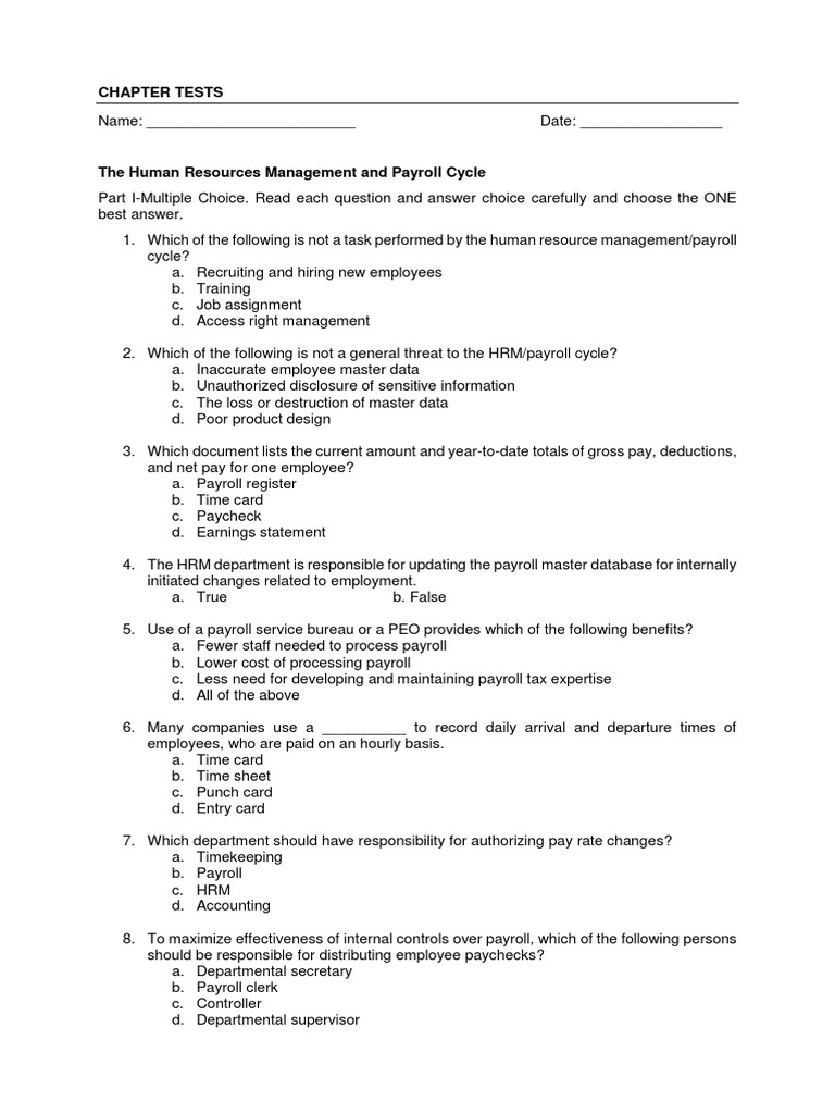 Chapter Test - HRM&Payroll Cycle | PDF | Payroll | Employment