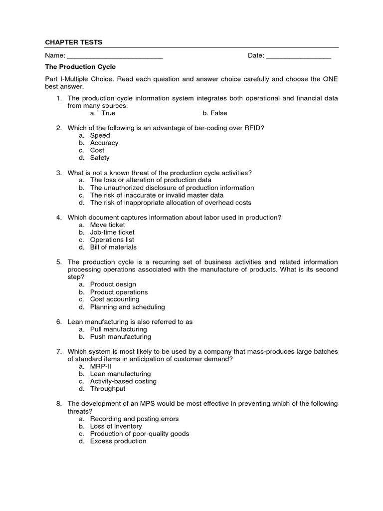 Chapter Test - Production Cycle | PDF | Cost Accounting | Inventory