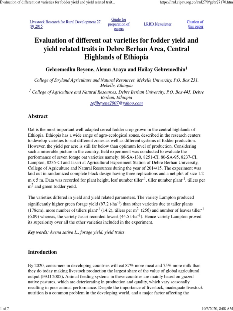 Oat Varieties for Fodder Yield in Ethiopia | PDF | Oat | Fodder