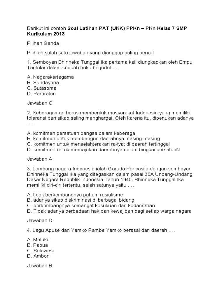 Soal Latihan PAT PPKn Kelas 7 SMP | PDF | Politik