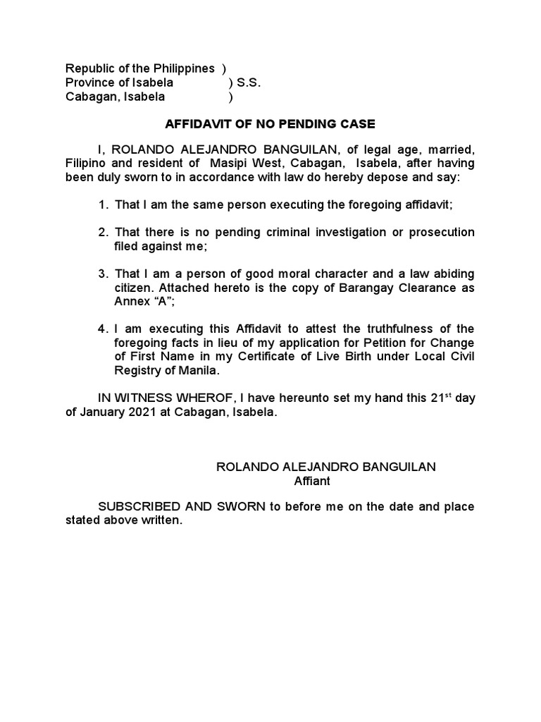 Affidavit of No Pending Case | PDF | Affidavit | Civil Law (Common Law)