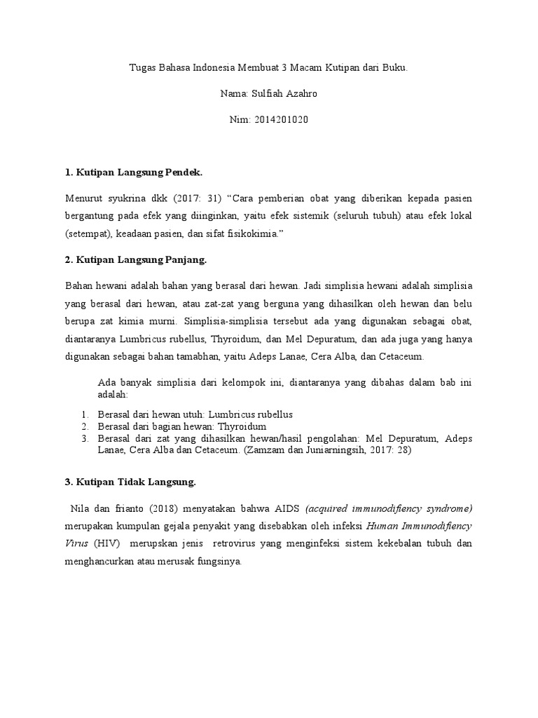 Tugas Bahasa Indonesia Membuat 3 Macam Kutipan Dari Buku | PDF