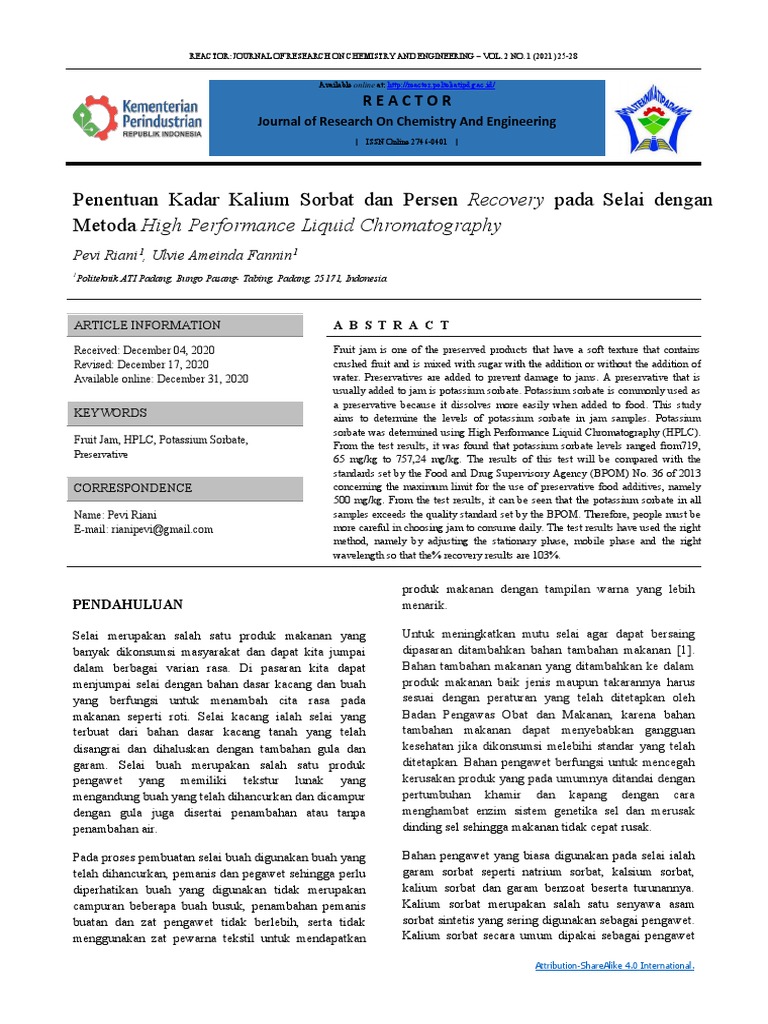 Penentuan Kadar Kalium Sorbat Dan Persen Recovery Pada Selai Dengan ...