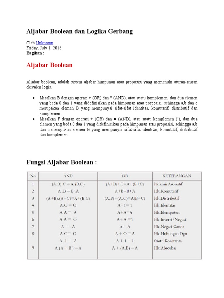 Aljabar Boolean Dan Hukumnya | PDF