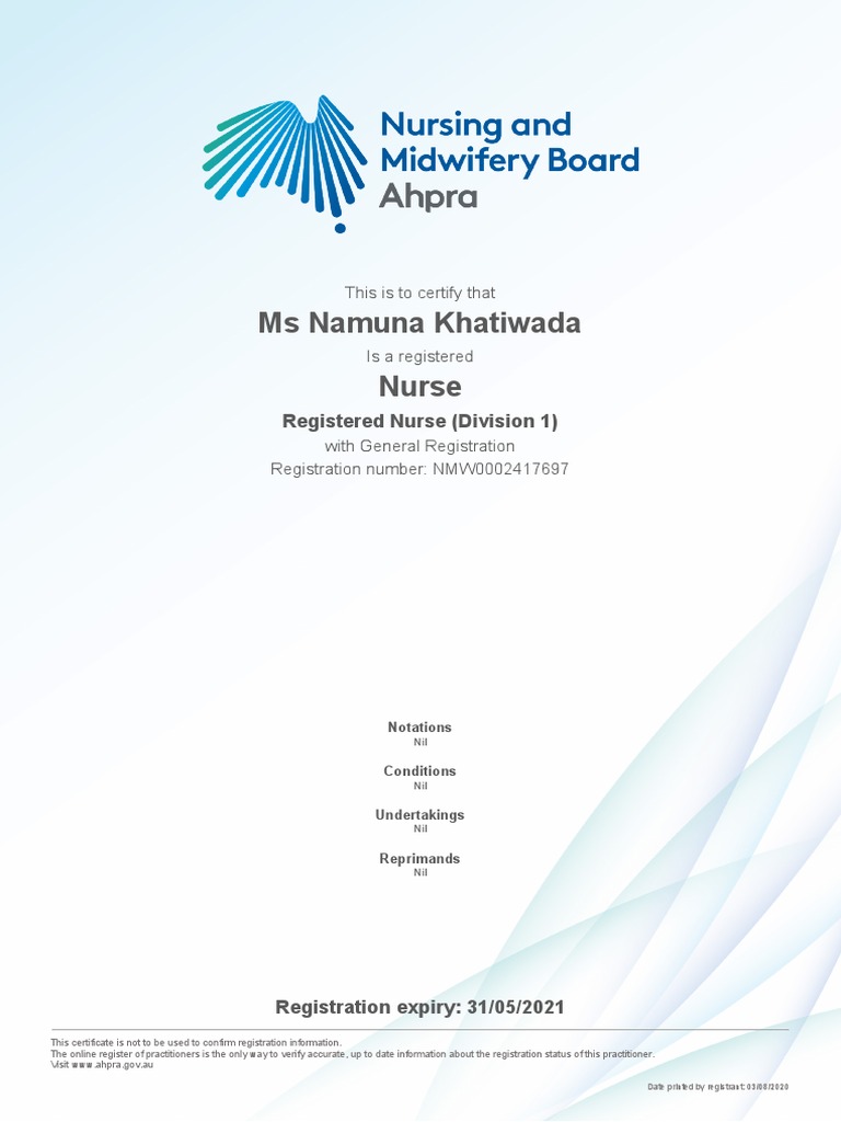 AHPRA Nursing Registration Certificate | PDF