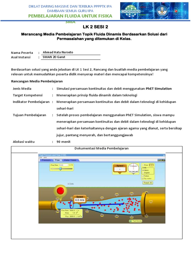 Ahmad Hata Nurseto - Tugas LK2 Sesi 2 - Simulasi PHeT Penerapan Persamaan Kontinuitas | PDF ...