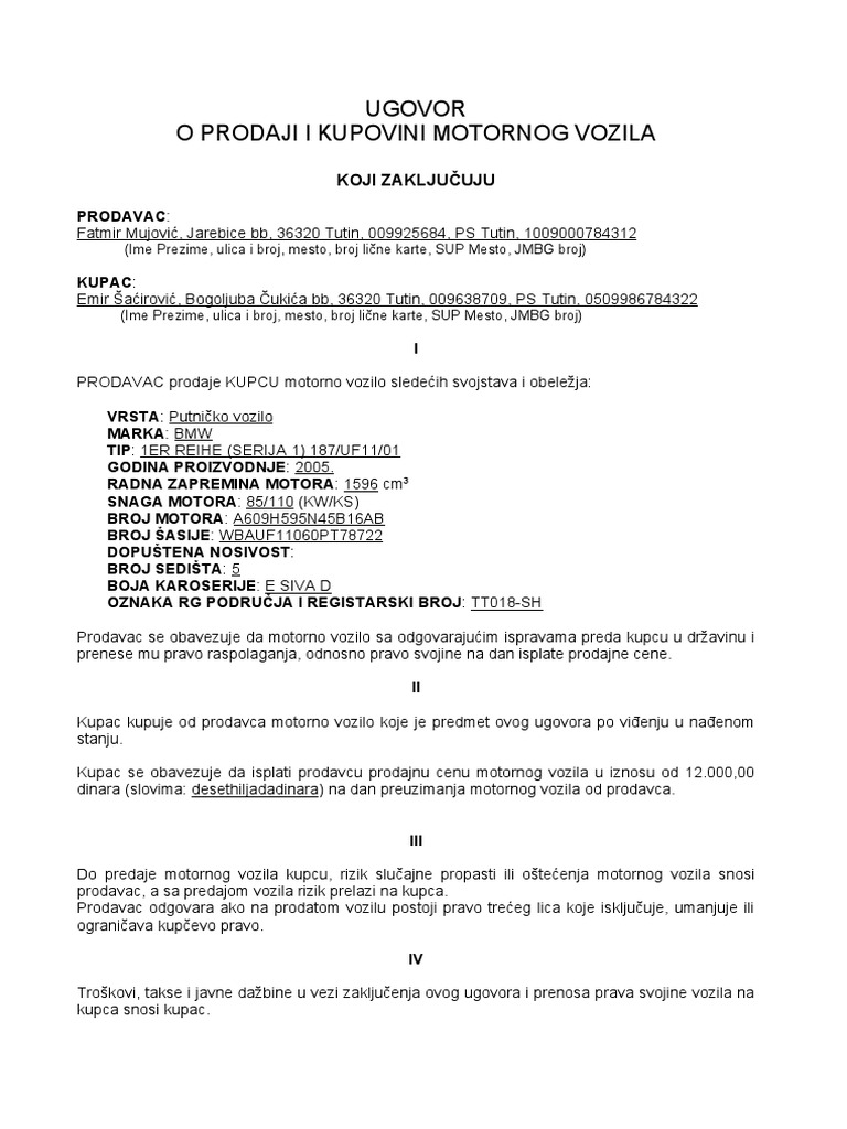 Ugovor o Kupoprodaji Auta | PDF
