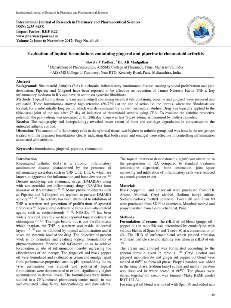 Evaluation of Topical Formulations Containing Gingerol and Piperine in ...