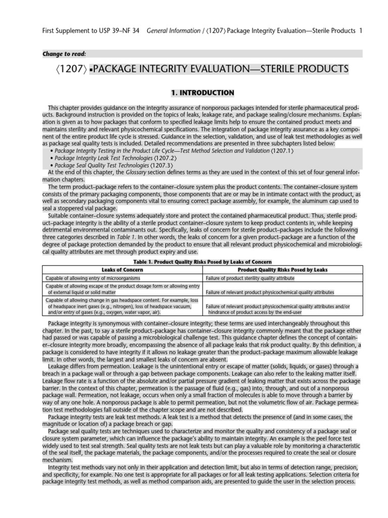 Package Integrity Evaluatio - USP 34 | PDF | Leak | Pressure