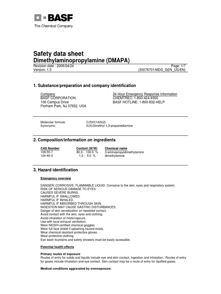 Safety Data Sheet: Dimethylaminopropylamine (DMAPA) | PDF | Toxicity ...