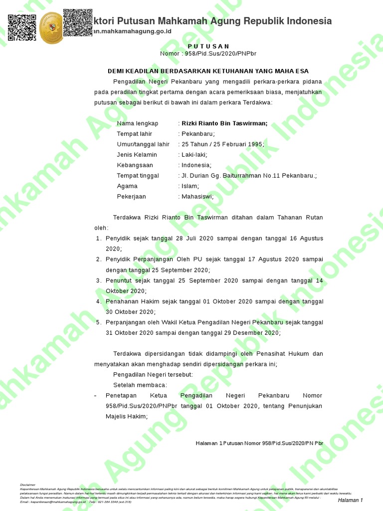 Putusan 958 Pid - Sus 2020 PN PBR 20210310 | PDF