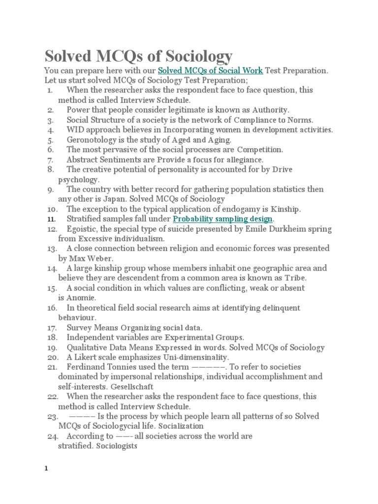 Solved MCQs of Sociology | PDF | Émile Durkheim | Sociology