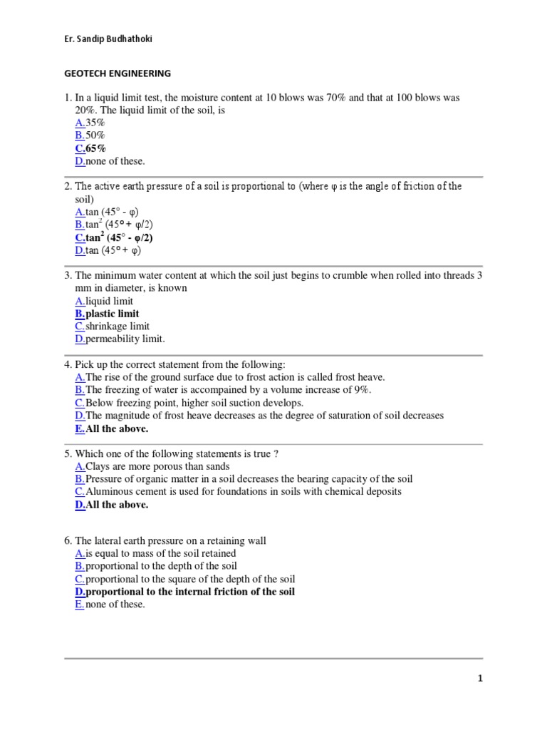 A Collection of Multiple Choice Questions Covering Key Concepts in Geotechnical Engineering ...