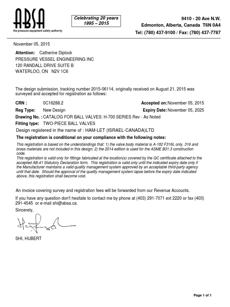 CRN Approval for Two-Piece Ball Valves | PDF | Technology & Engineering
