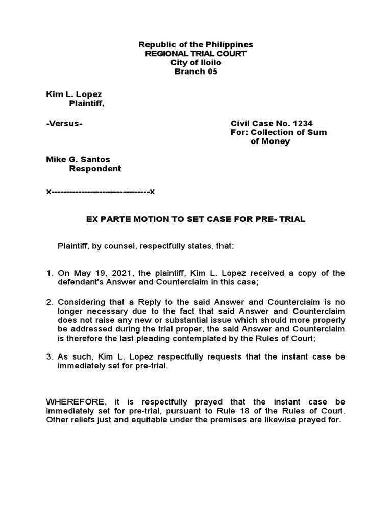 Motion To Set For Pre-Trial | PDF | Separation Of Powers | Lawsuit