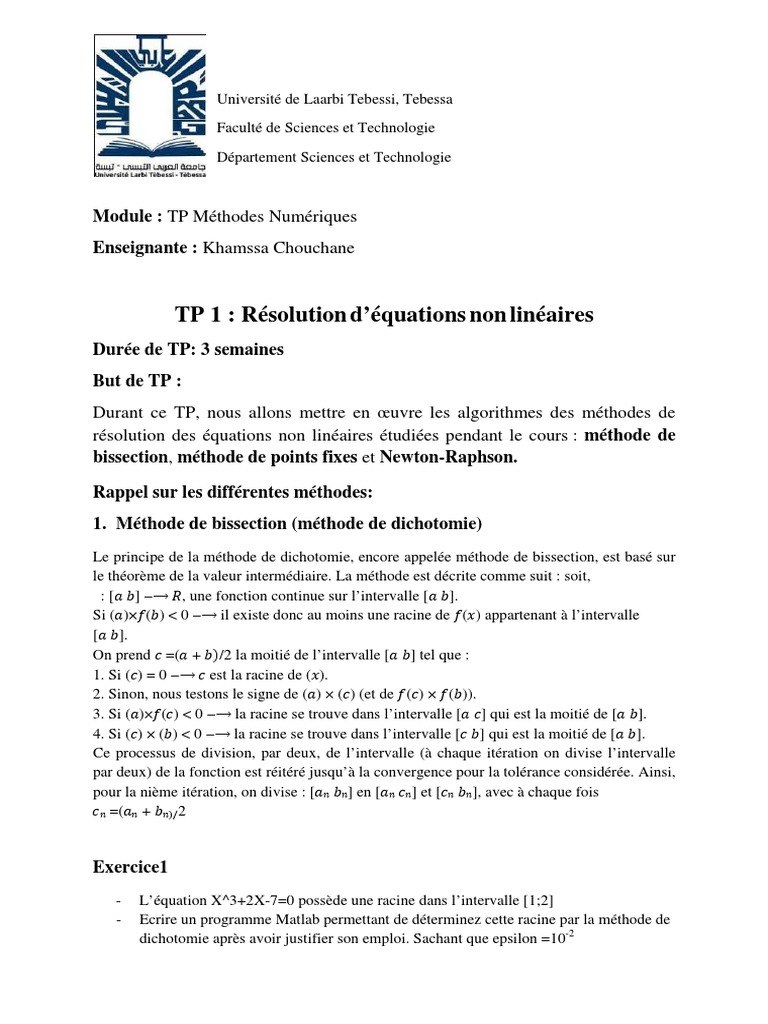 TP1 - Résolution D'équations Non Linéaires | PDF | Mathématiques de l'informatique | Analyse ...