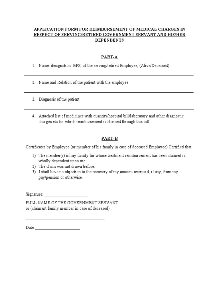 Application Form For Reimbursement of Medical Charges in Respect of ...