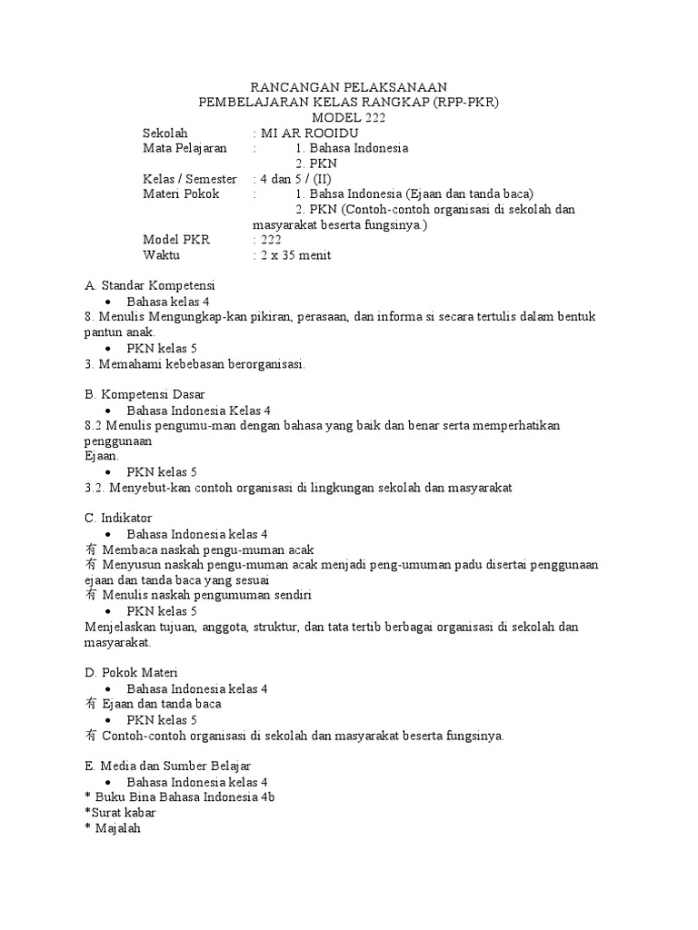 RPP PKR MODEL 222 Kelas 4 | PDF