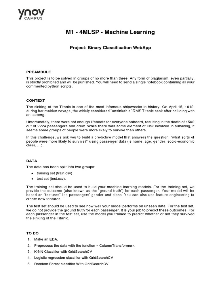M1 - 4Mlsp - Machine Learning: Project: Binary Classification Webapp | PDF