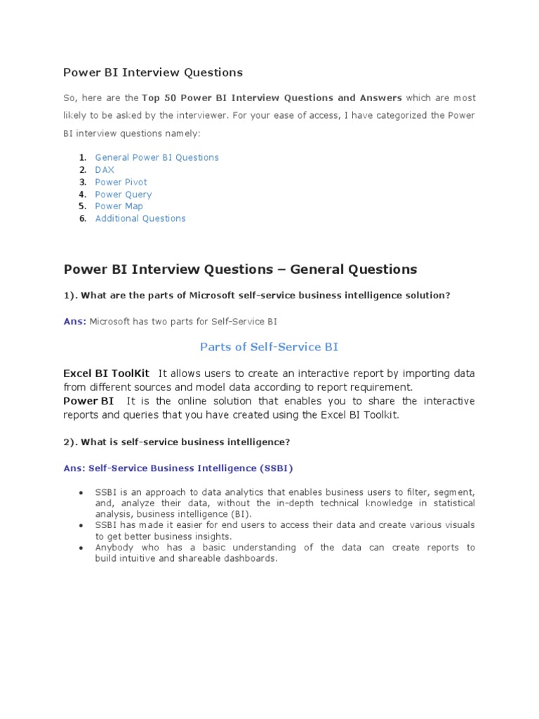 PowerBI 50 Interview Questions | PDF | Databases | Microsoft Excel