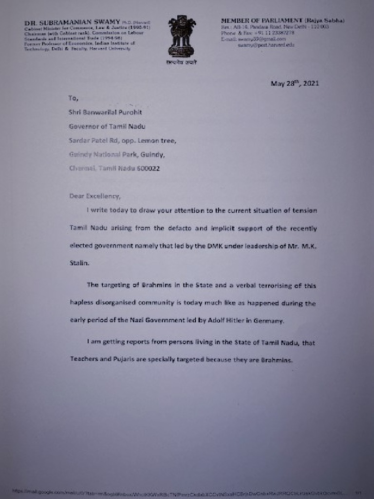 DR Subramanian Swamy's Letter Tamil Nadu Governor | PDF