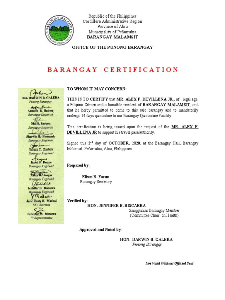 Barangay Certification: Barangay Malamsit Office of The Punong Barangay ...