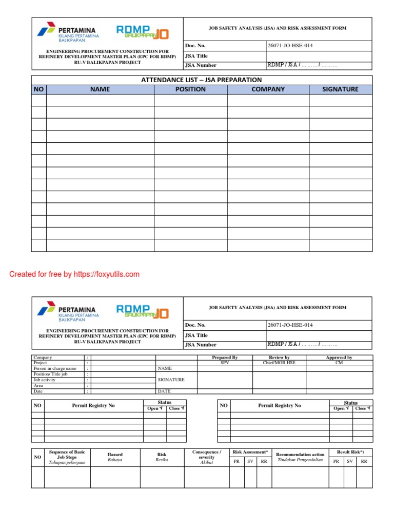 Attendance List - Jsa Preparation NO Name Position Company Signature ...