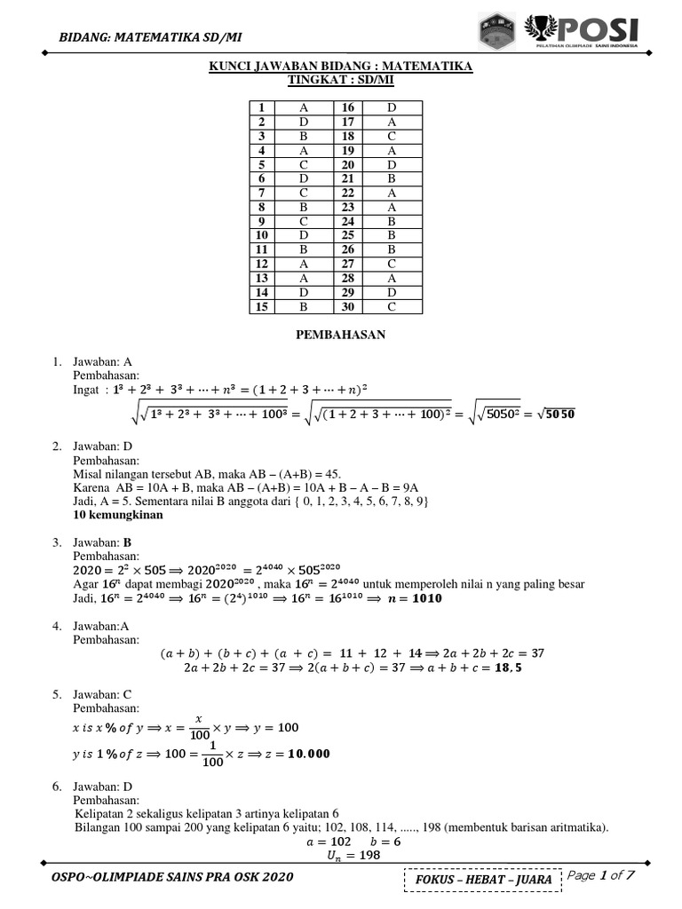 Kunci Matematika SD - Ospo 2020 - Posi | PDF