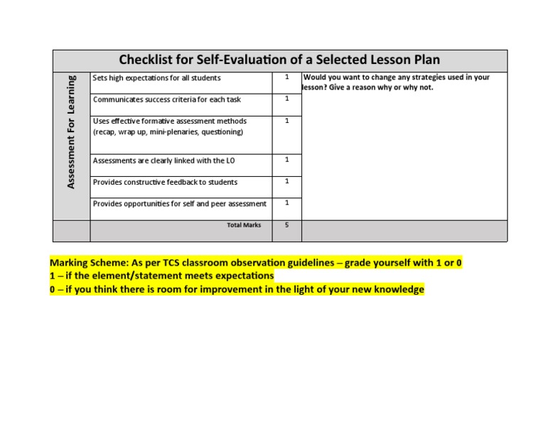 Checklist For Self-Evaluation of A Selected Lesson Plan | PDF | Career ...