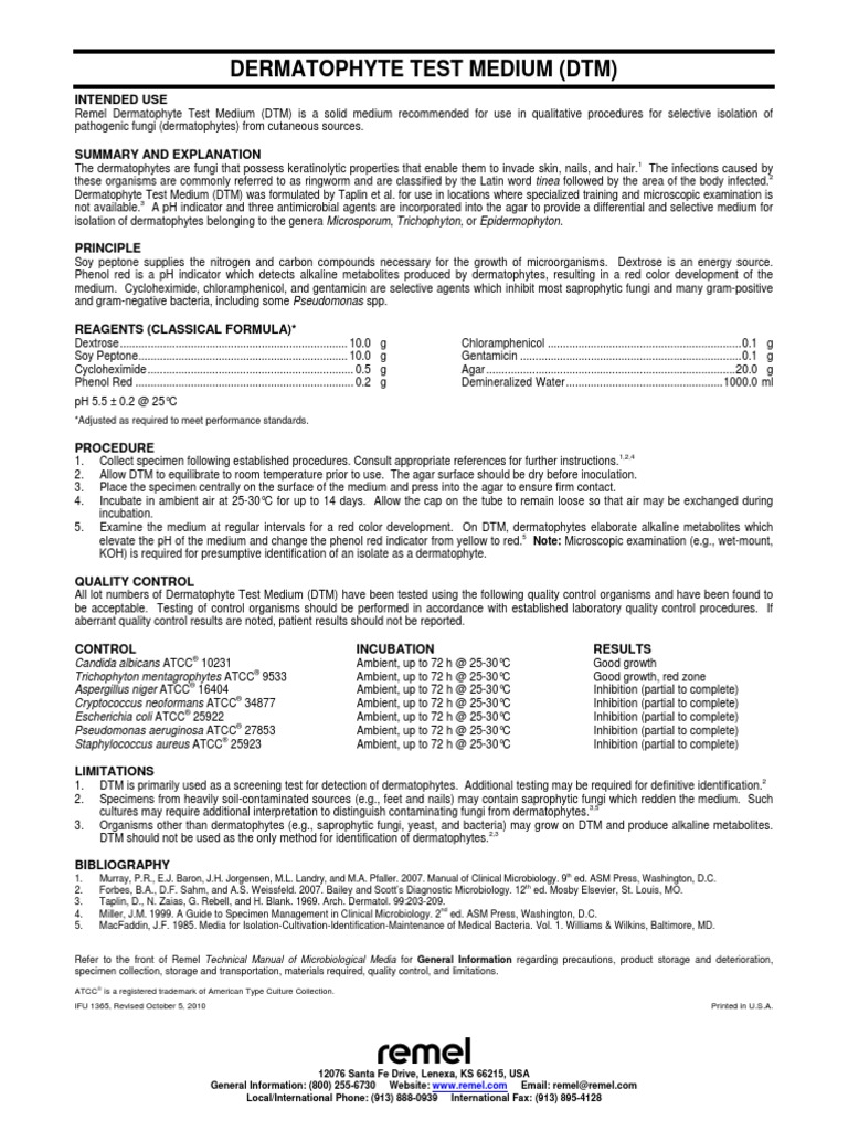 Dermatophyte Test Medium (DTM) : Intended Use | PDF | Microbiology ...
