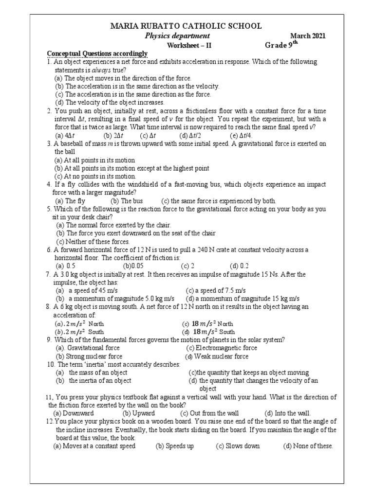 Maria Rubatto Catholic School Physics Department Grade 9 | PDF | Force ...