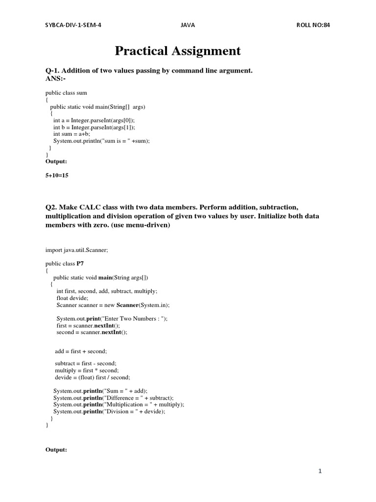 Practical Assignment Sybca Div 1 Sem 4 Java Roll No84 Pdf Area Software Engineering 6602