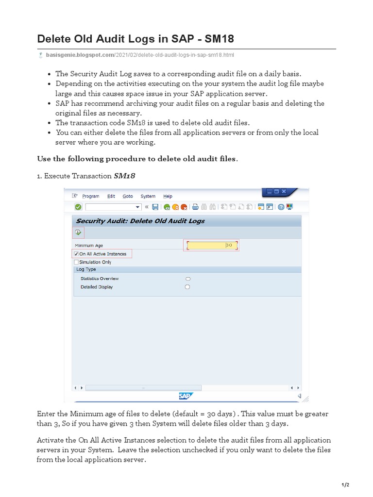 Delete Old Audit Logs in SAP - SM18