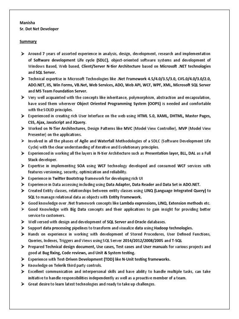 Sr Dot Net Developer Resume | PDF | Language Integrated Query | Ajax (Programming)