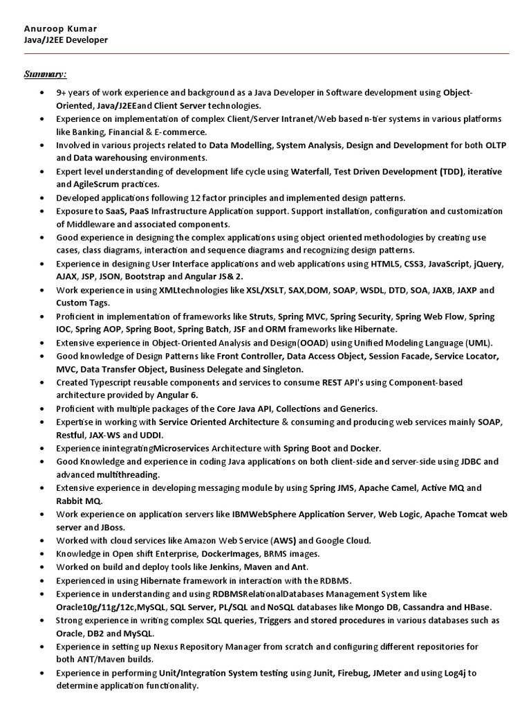 Anuroop Java Developer | PDF | Spring Framework | Application Server