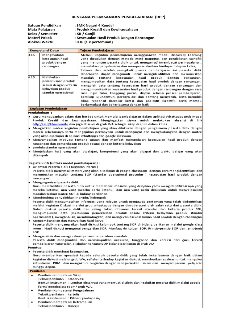 RPP PKK KELAS XII SMT 5 MODA DARING Kesesuaian Hasil Produk Dengan Rancangan - 2 | PDF