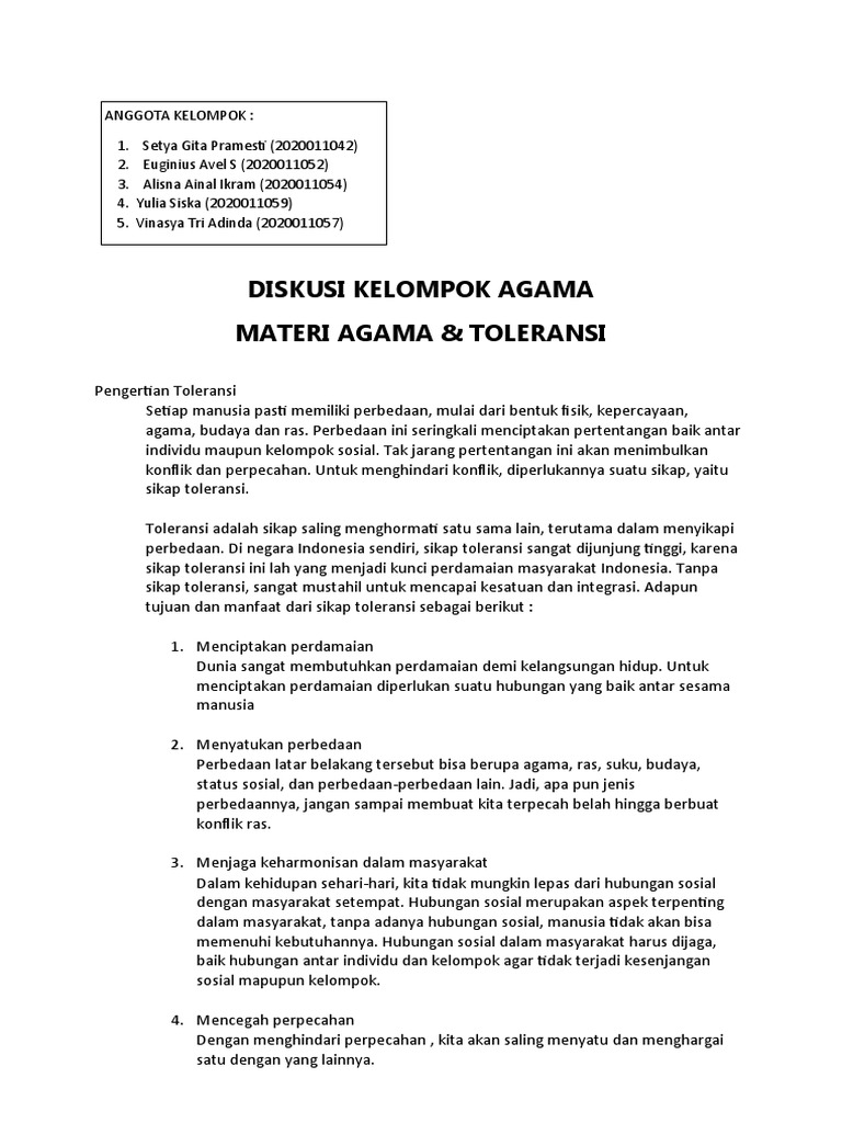DISKUSI KELOMPOK AGAMA Toleransi | PDF