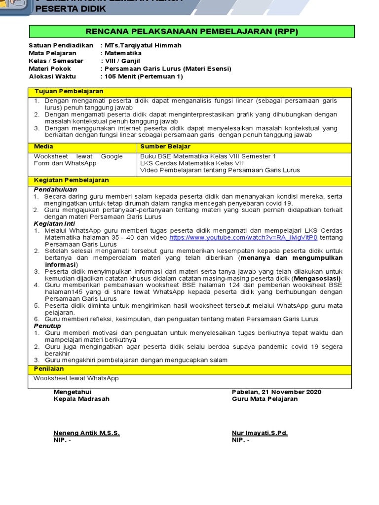 RPP Matematika Kls 8 PGL | PDF