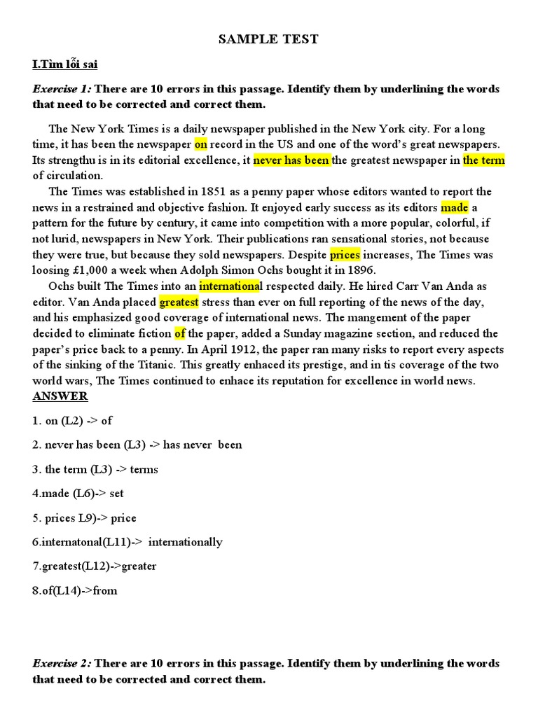 Sample Test: Exercise 1: There Are 10 Errors in This Passage. Identify ...
