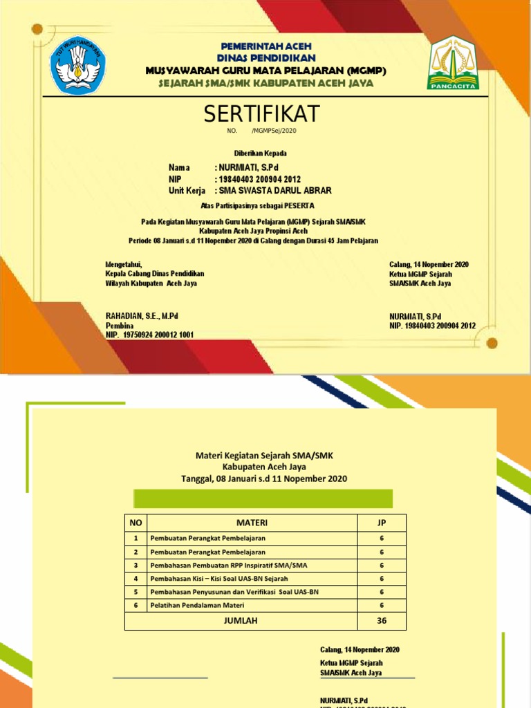 Contoh Sertifikat MGMP Sej 2020 | PDF