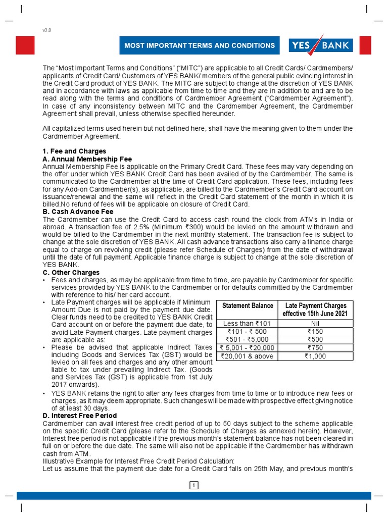 YES Prosperity Credit Card MITC - 14052021 | PDF | Credit Card | Payments