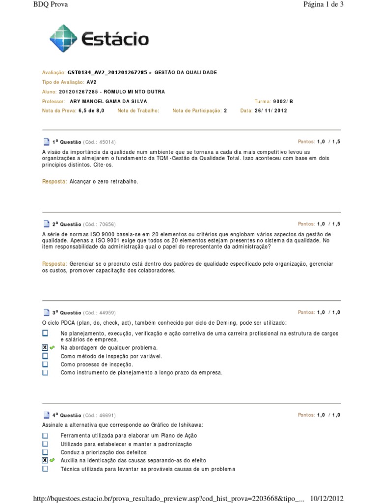 Gestao Da Qualidade AV2-5 | PDF | ISO 9000 | Business