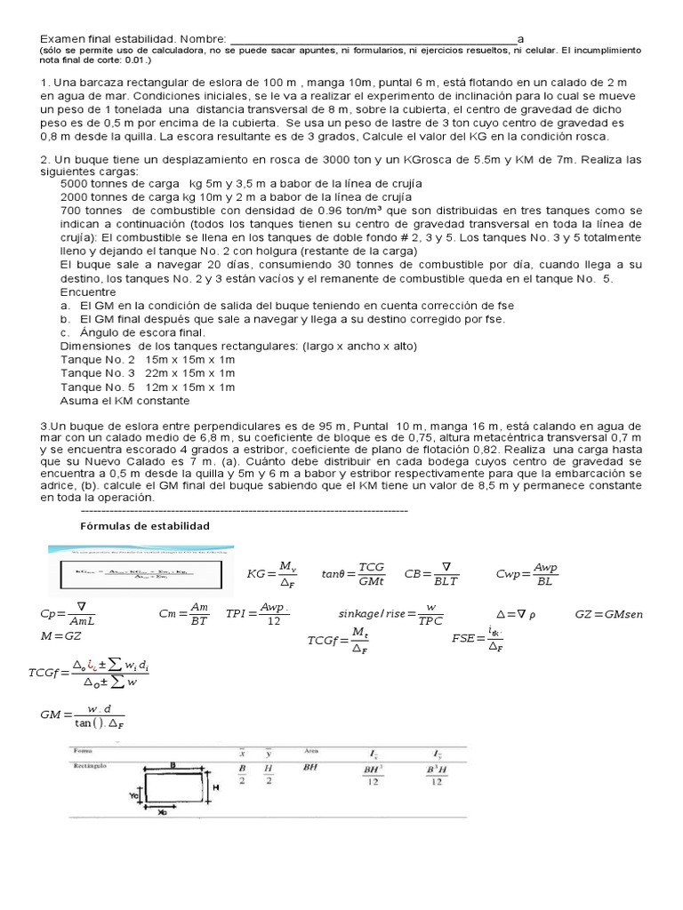 Examen Final Estabilidad | PDF | Construcción naval | Arquitectura naval