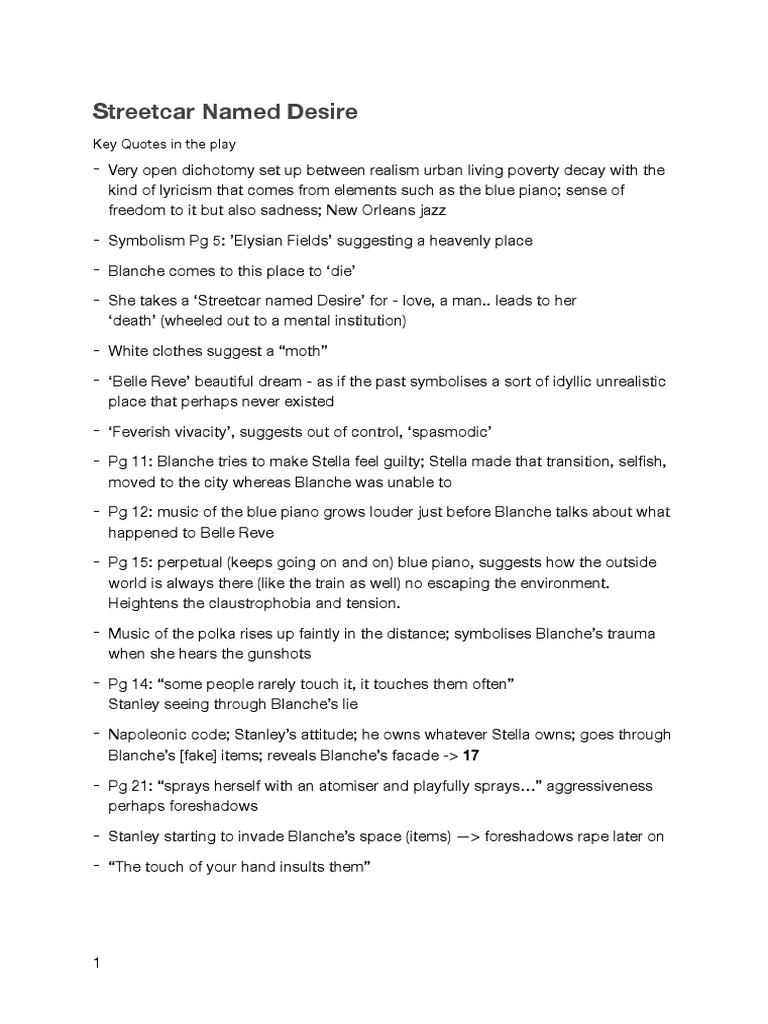 Streetcar Named Desired Key Quotes | PDF