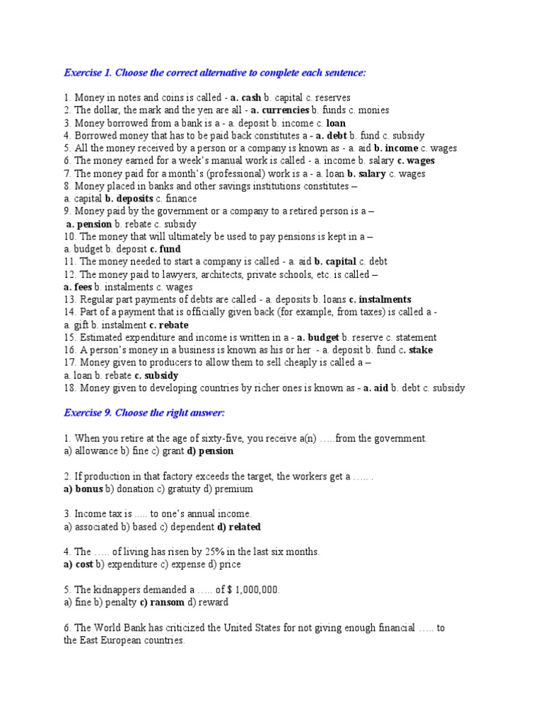 Exercise 1. Choose The Correct Alternative To Complete Each Sentence ...